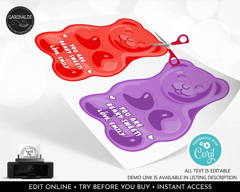 Editable Gummy Bears Valentine's Day Cards Beary Happy Valentine's Day ...