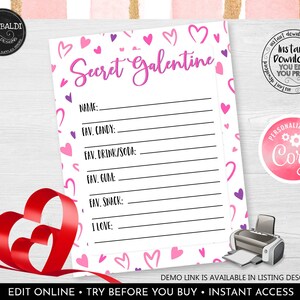 Editable Secret Valentine's Day Questionnaire, Secret Galentine's ...