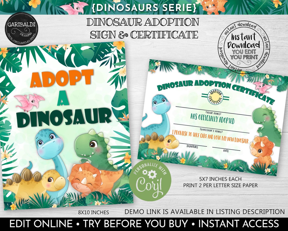 Editable Adopt a Dinosaur Sign Dinosaur Adoption Certificate Instant ...