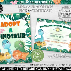 Editable Adopt a Dinosaur Sign Dinosaur Adoption Certificate Instant ...