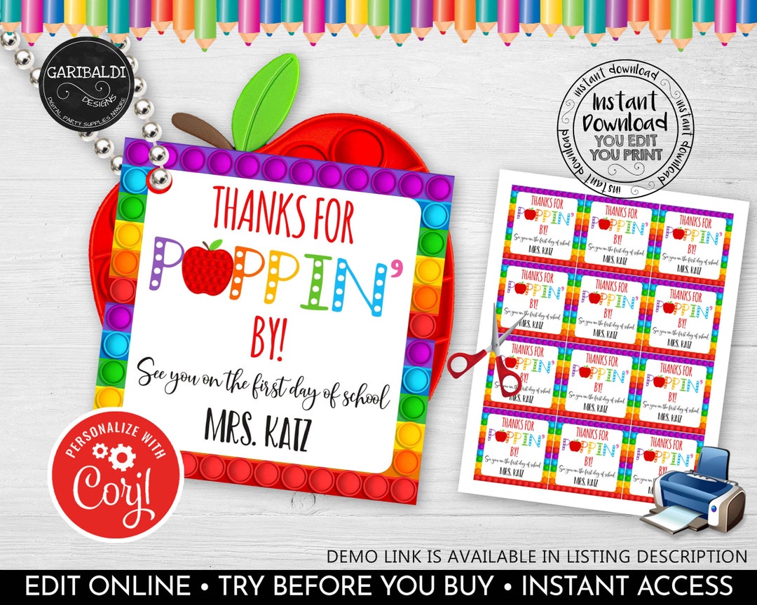 Editable Back to School Favor Tag Thanks for Popping by Gift Tags Meet ...