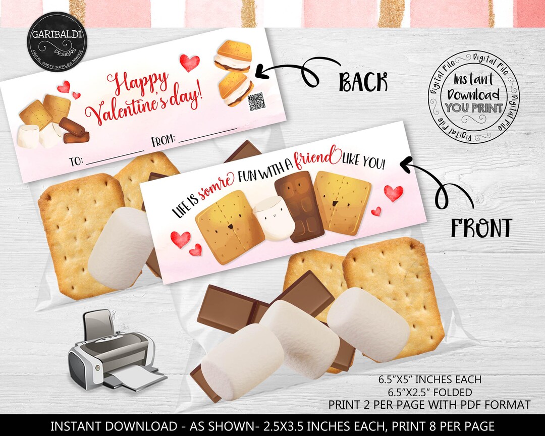 Smore Valentine's Day Bag Topper Printable Valentine's Day Treat Bag ...