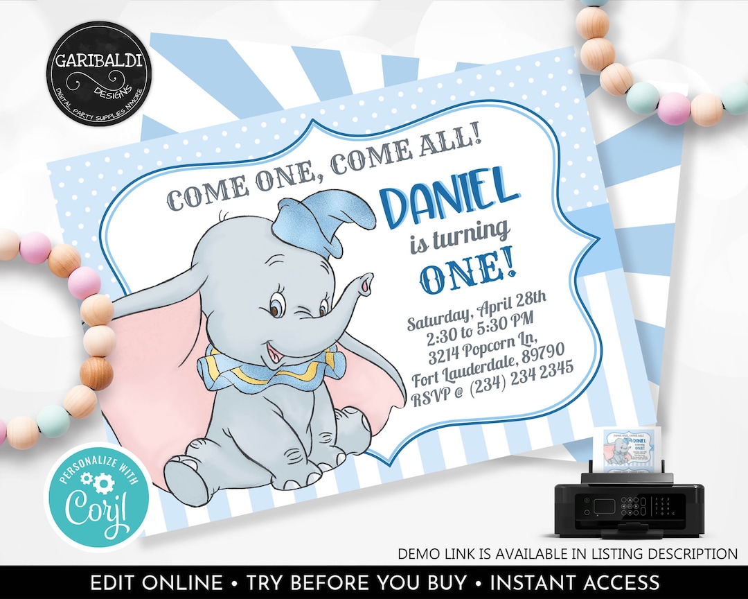 Dumbo Invitation Editable Blue Dumbo Birthday Party Invitation Blue ...