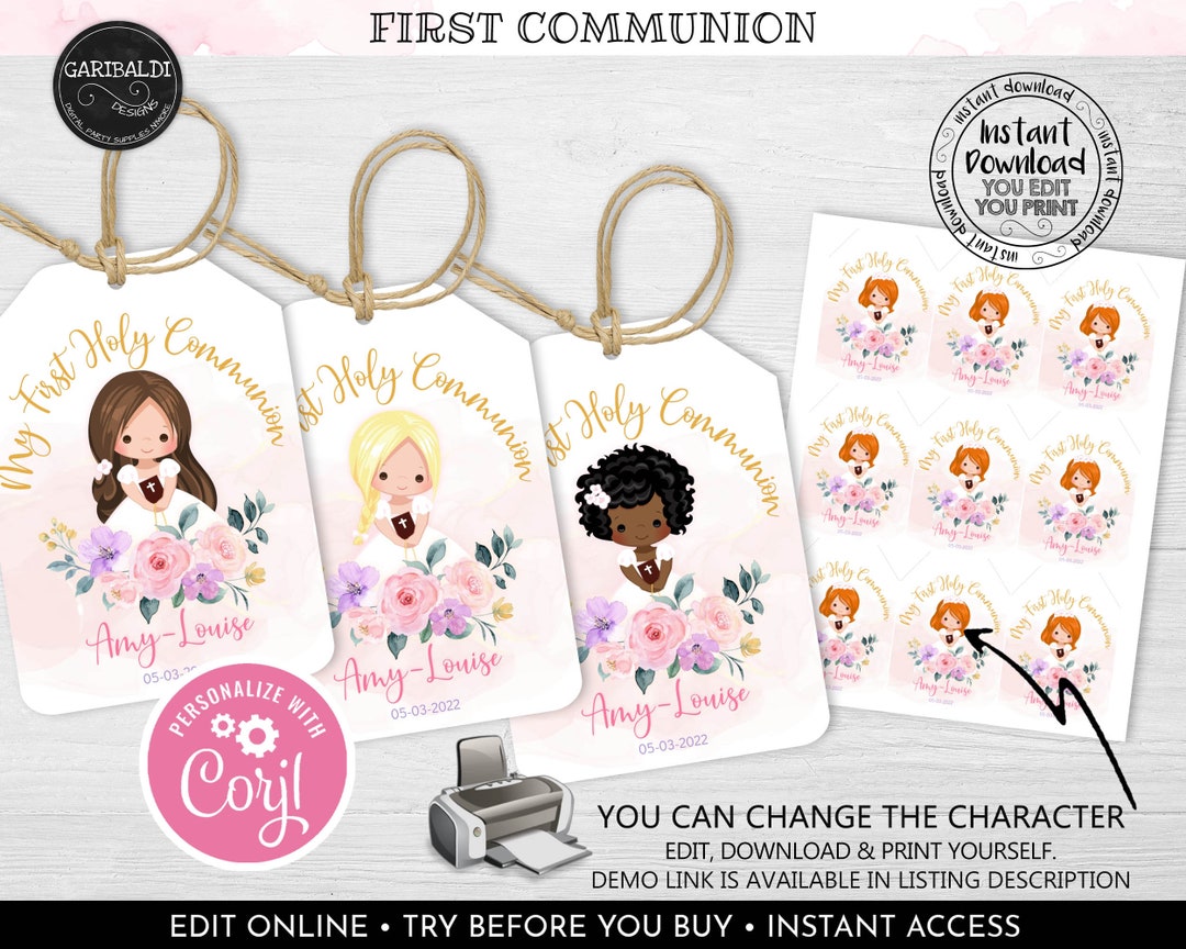 Editable First Holy Communion Favor Tag, Printable Girl First Communion ...