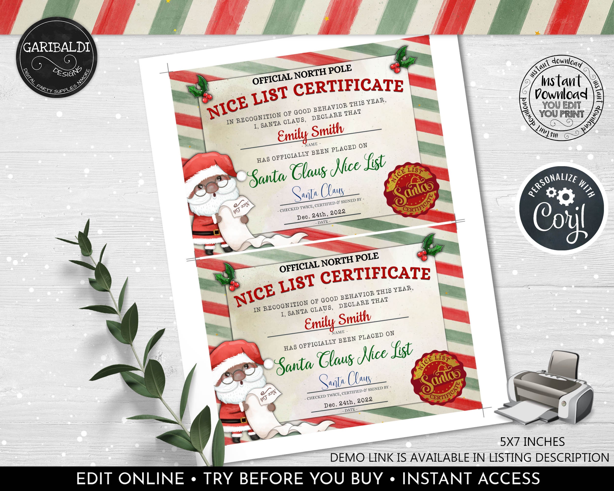 Editable Santa Claus Official Nice List Certificate Personalised Letter ...