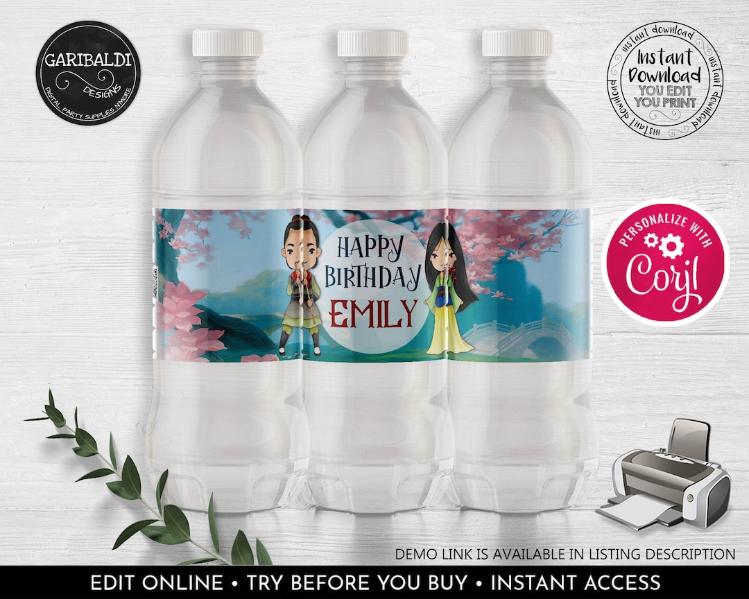 Editable Mulan Water Bottle Labels Instant Download Mulan Bottle Labels ...
