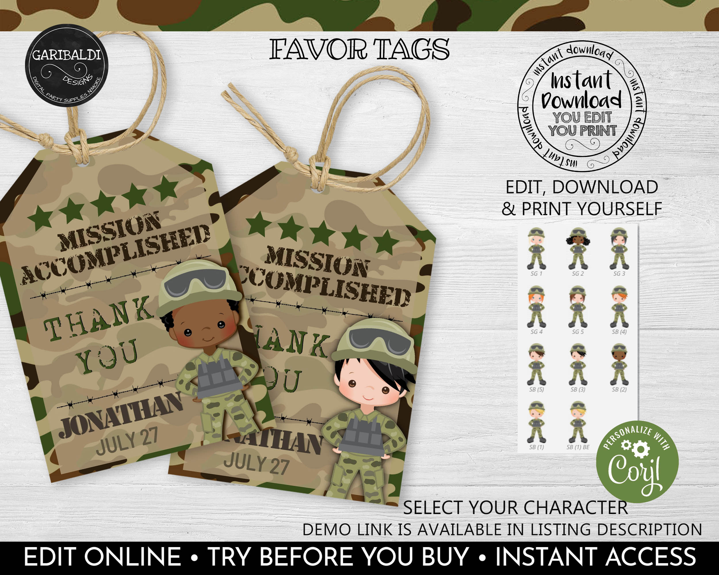 Editable Army Favor Tags Military Gift Tags Instant Download | Etsy