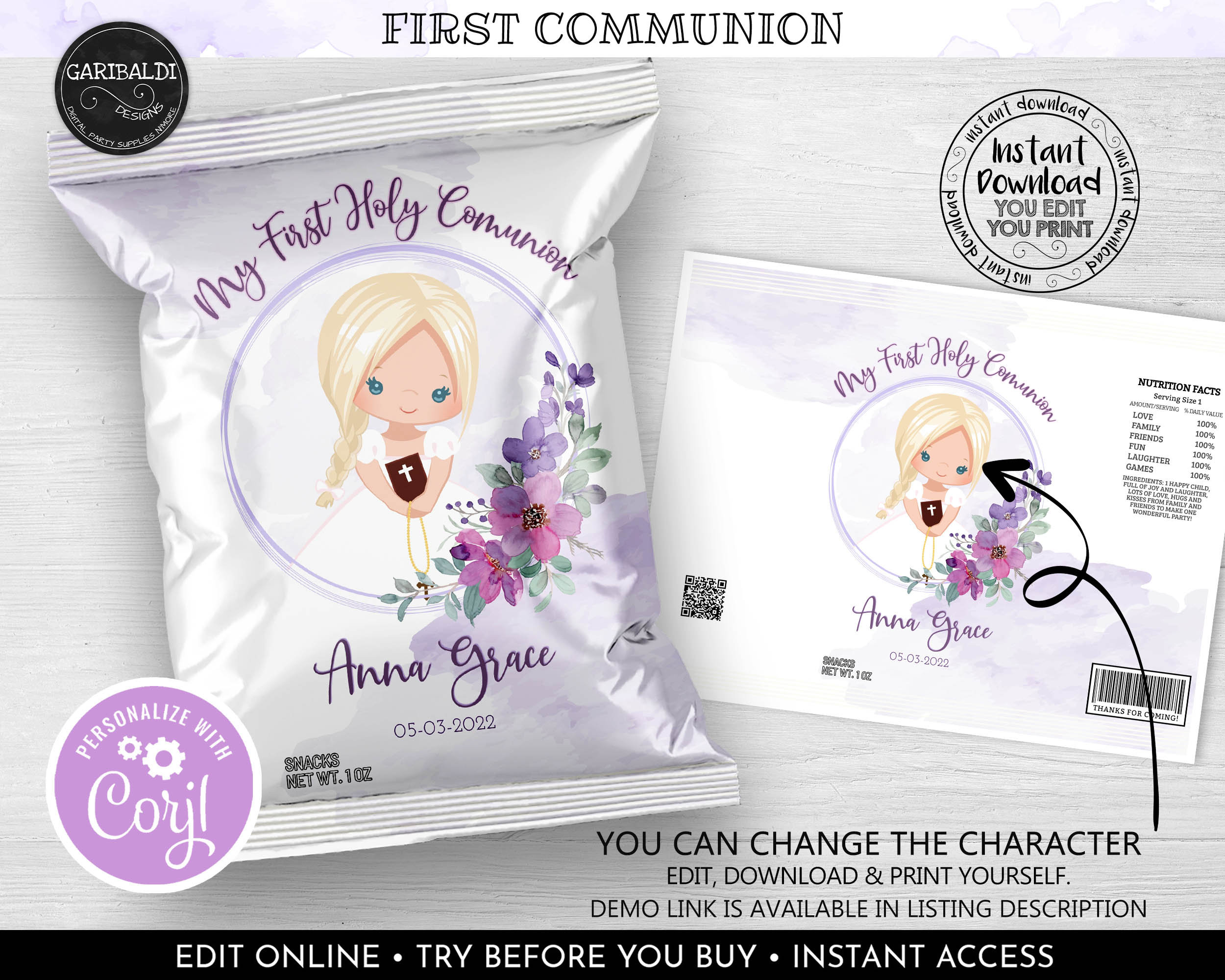 Editable First Communion Chip Bag Wrapper Printable First - Etsy