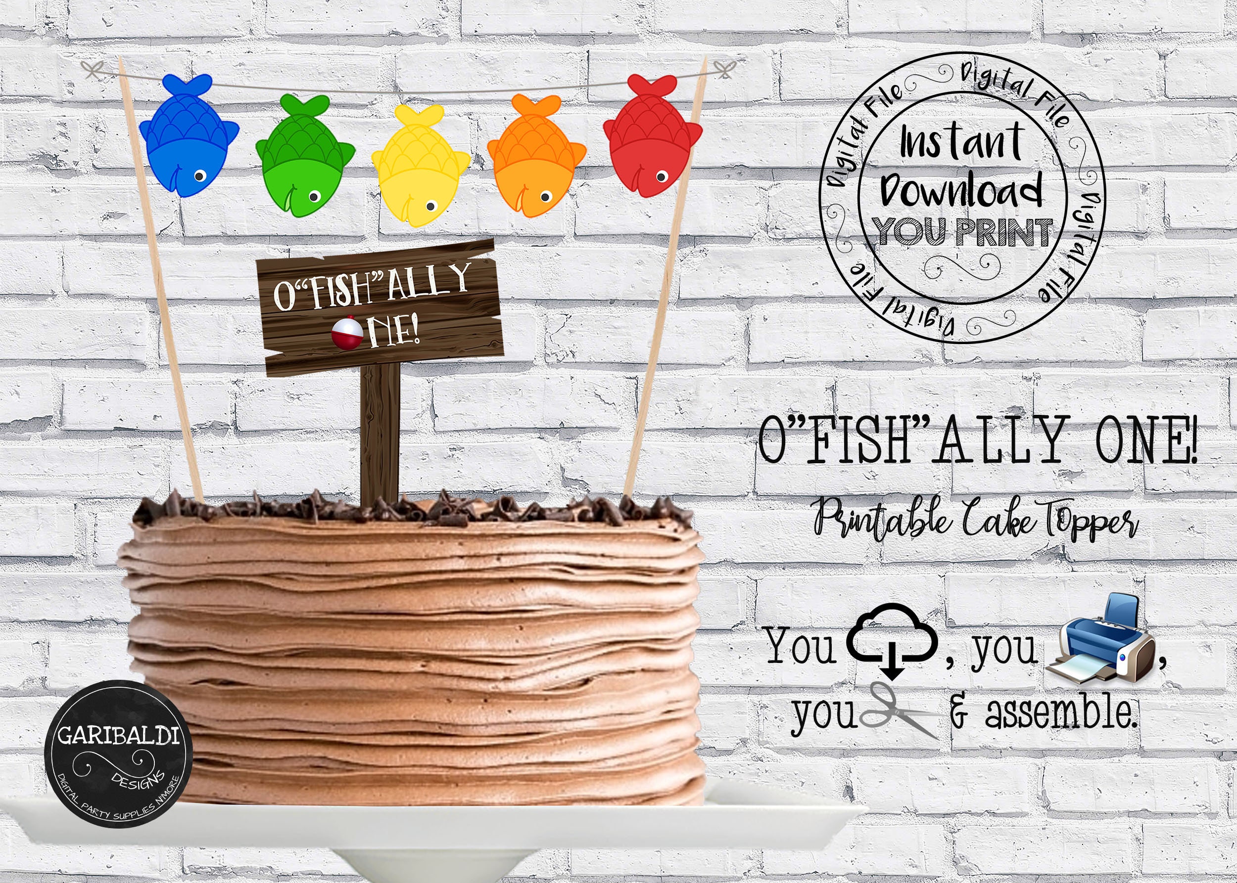 Printable Fishing Cake Topper, O"fish"ally ONE Cake Topper, Fishing ...