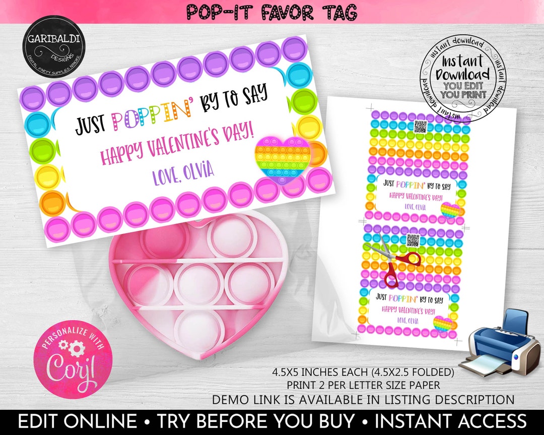 Just Poppin by to Say Happy Valentine's Day Bag Topper Editable Pop It ...