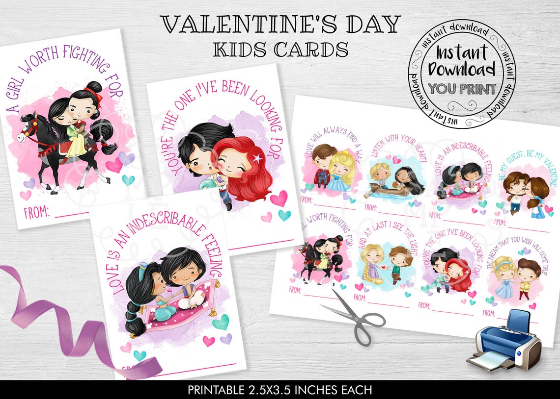 Printable Princess Valentine Cards Kids Valentine Cards School | Etsy