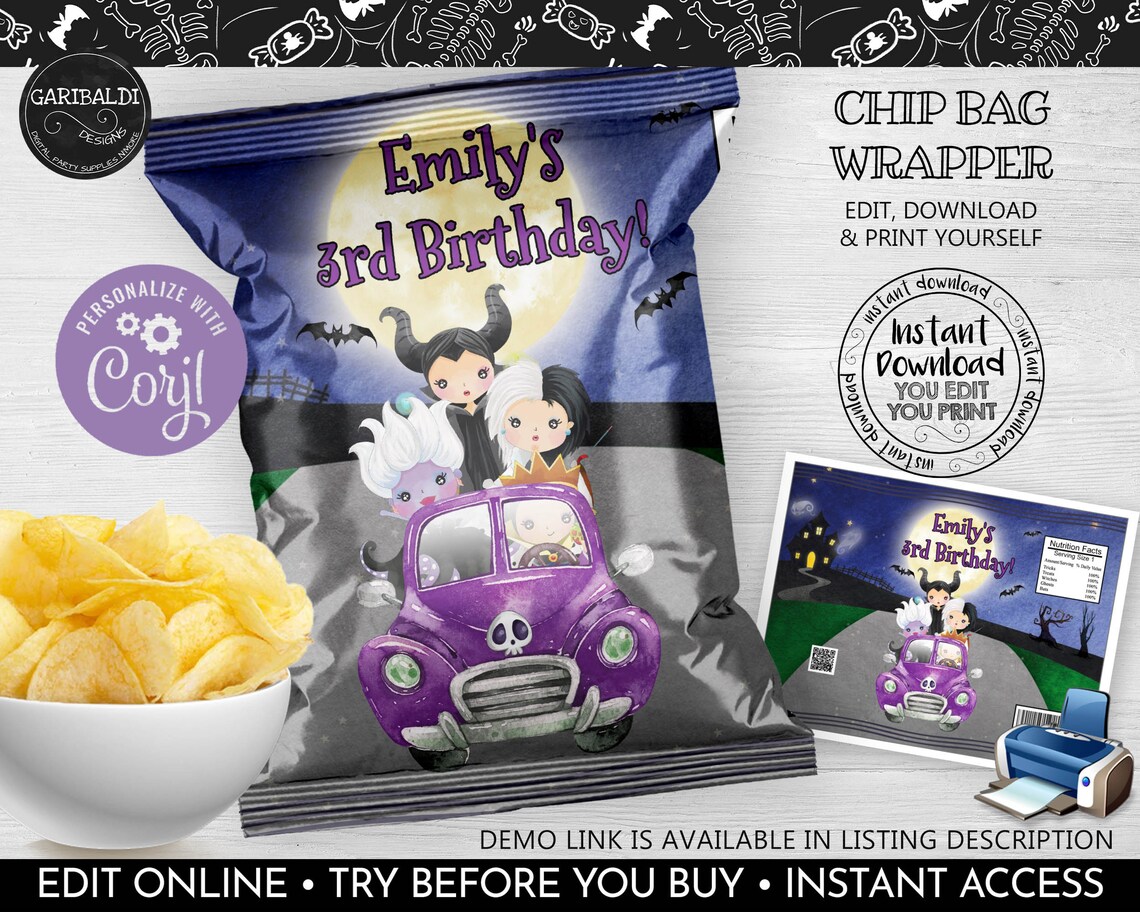 Editable Halloween Chip Bag, Villains Halloween Chip Bag, Instant ...
