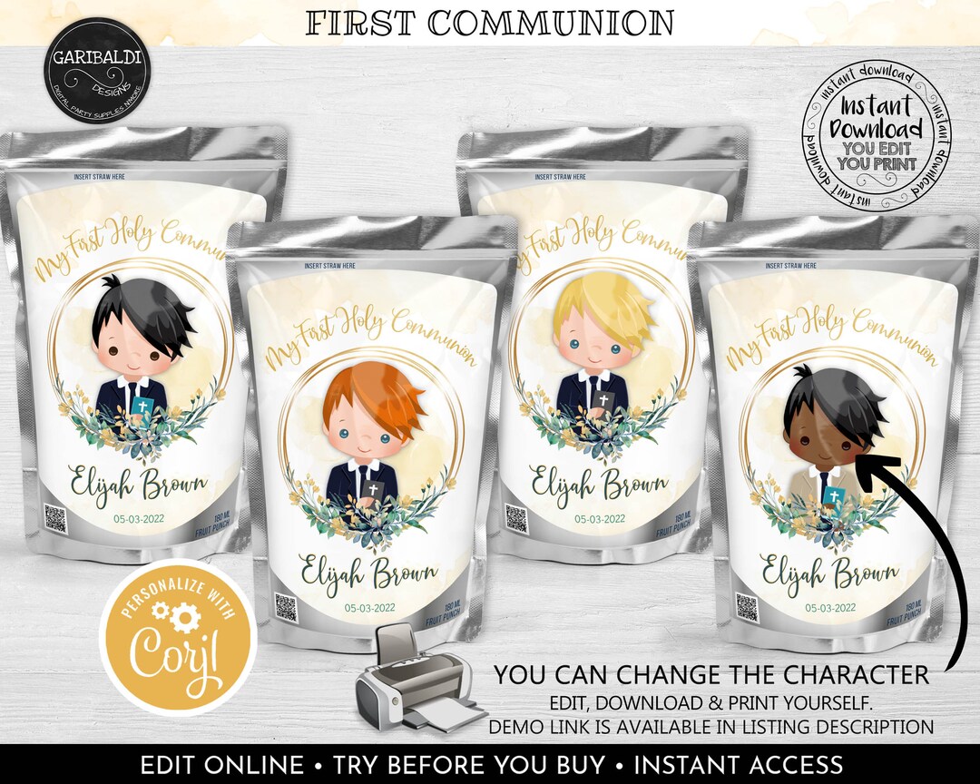Editable First Communion Juice Pouch Labels Template, First Communion ...