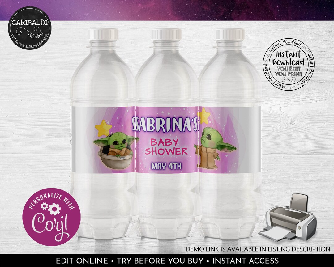 Editable Space Baby Water Bottle Labels Pink Yoda Birthday Party ...