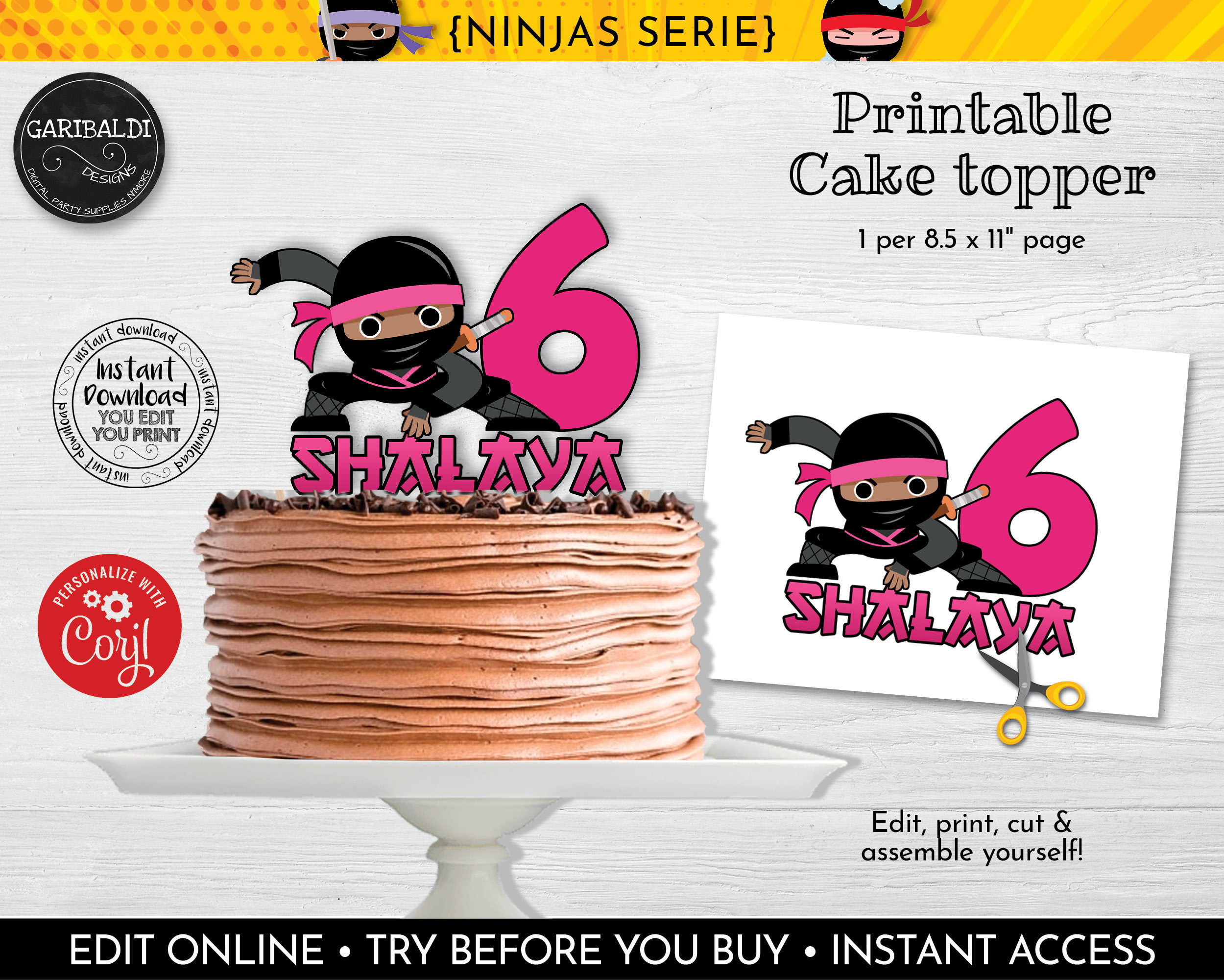 Editable Ninja Girl Cake Topper Instant Download Ninja T-shirt Transfer ...