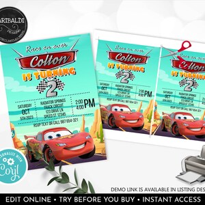 Editable Radiator Springs Race Cars Invitation Racing Cars Birthday ...