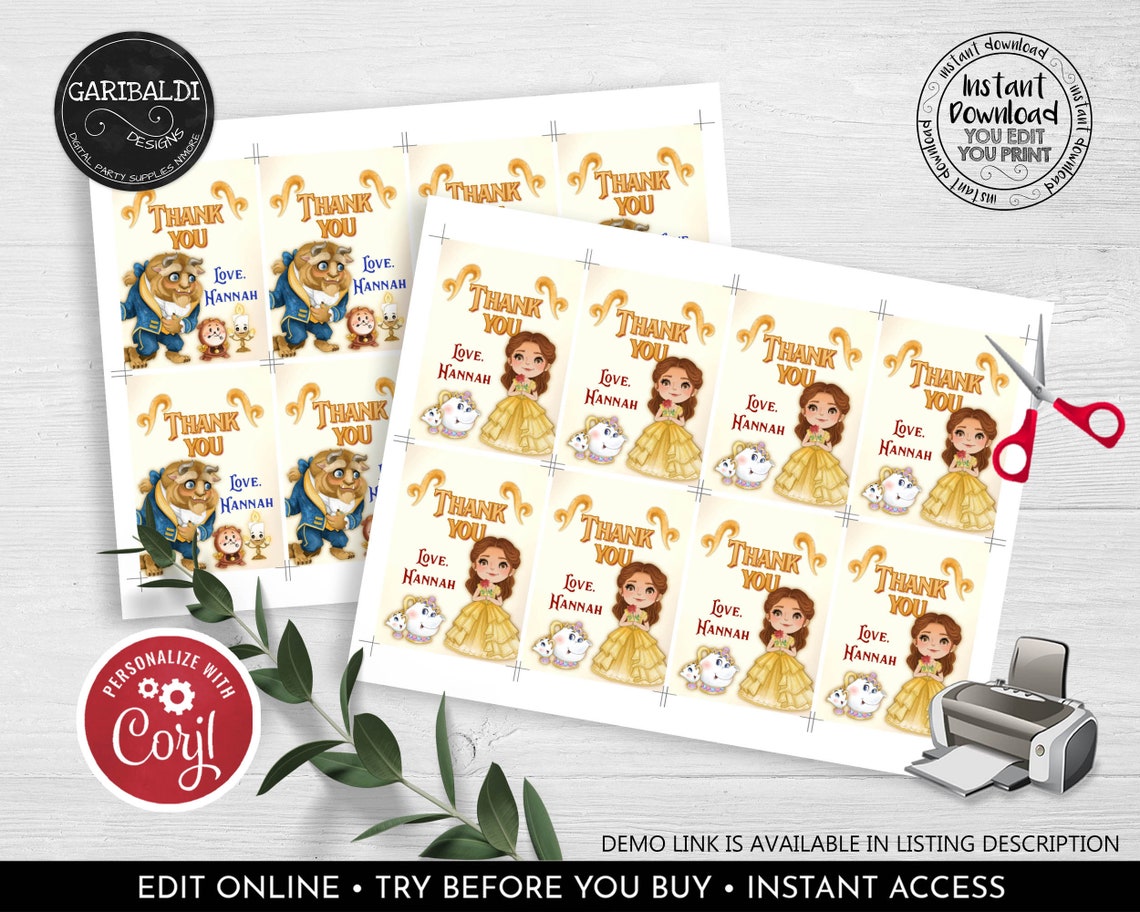 Editable Beauty and the Beast Favor Tags Princess Belle Gift Tags ...