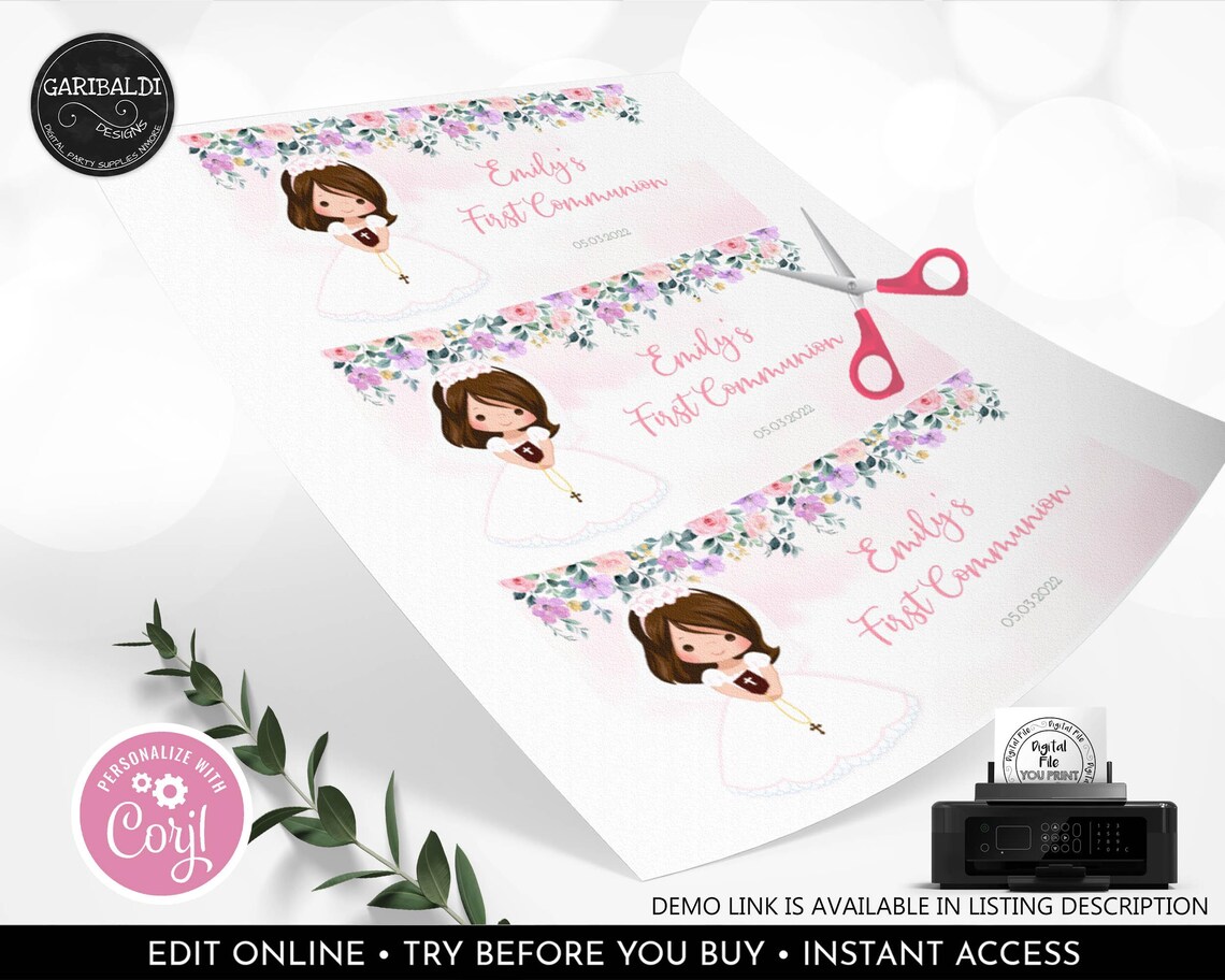 First Communion Gable Box Labels Editable Pink Floral First Communion ...