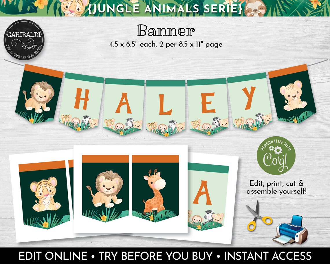 Editable Safari Pennant Banner Printable Party Animals Banner Jungle ...