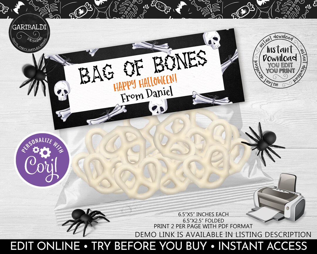 Bag of Bones Topper Editable Halloween Treat Bag Topper Skeleton Treat ...
