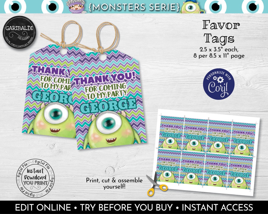 Editable Monsters Favor Tags Monsters Gift Tag Instant Download ...