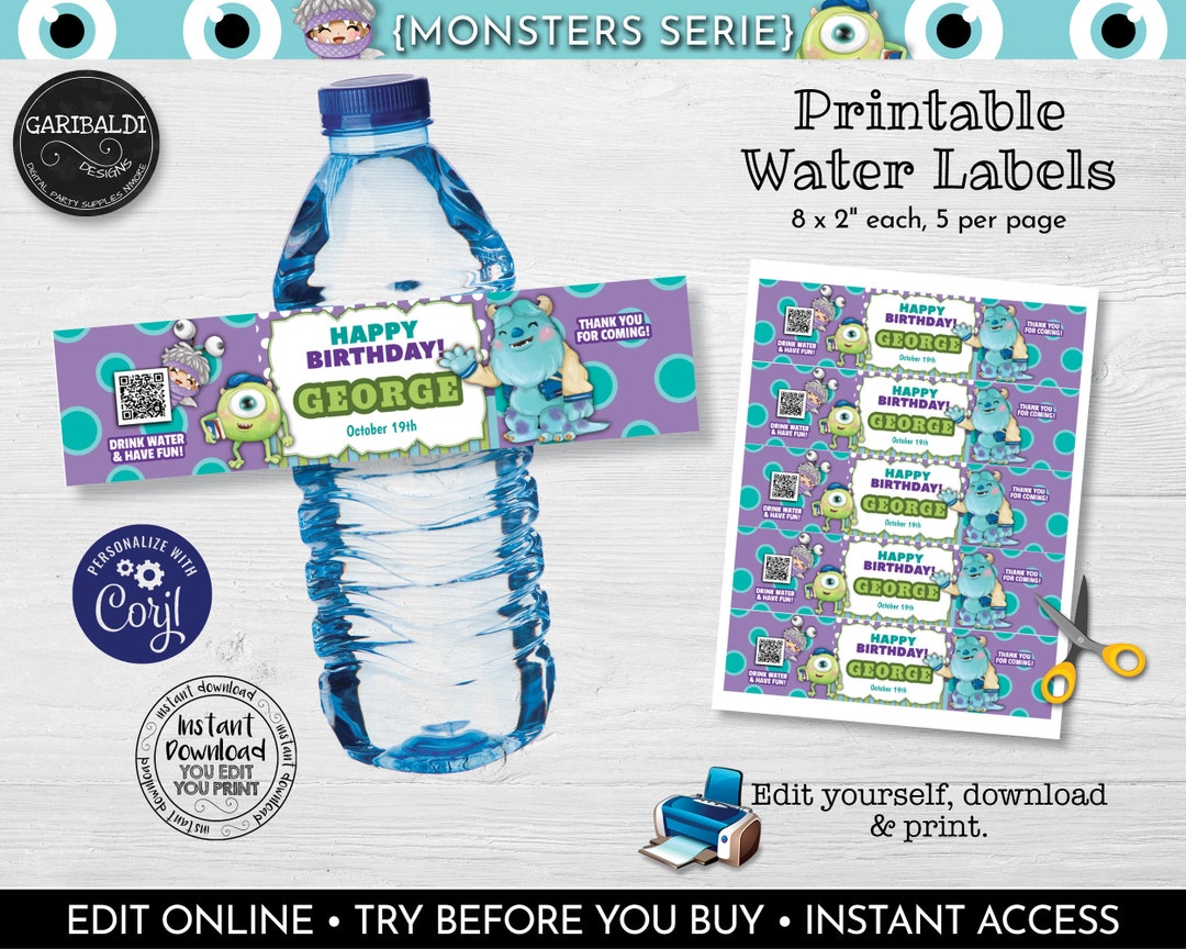 Editable Water Bottle Labels Template Printable Monster Water Bottle ...