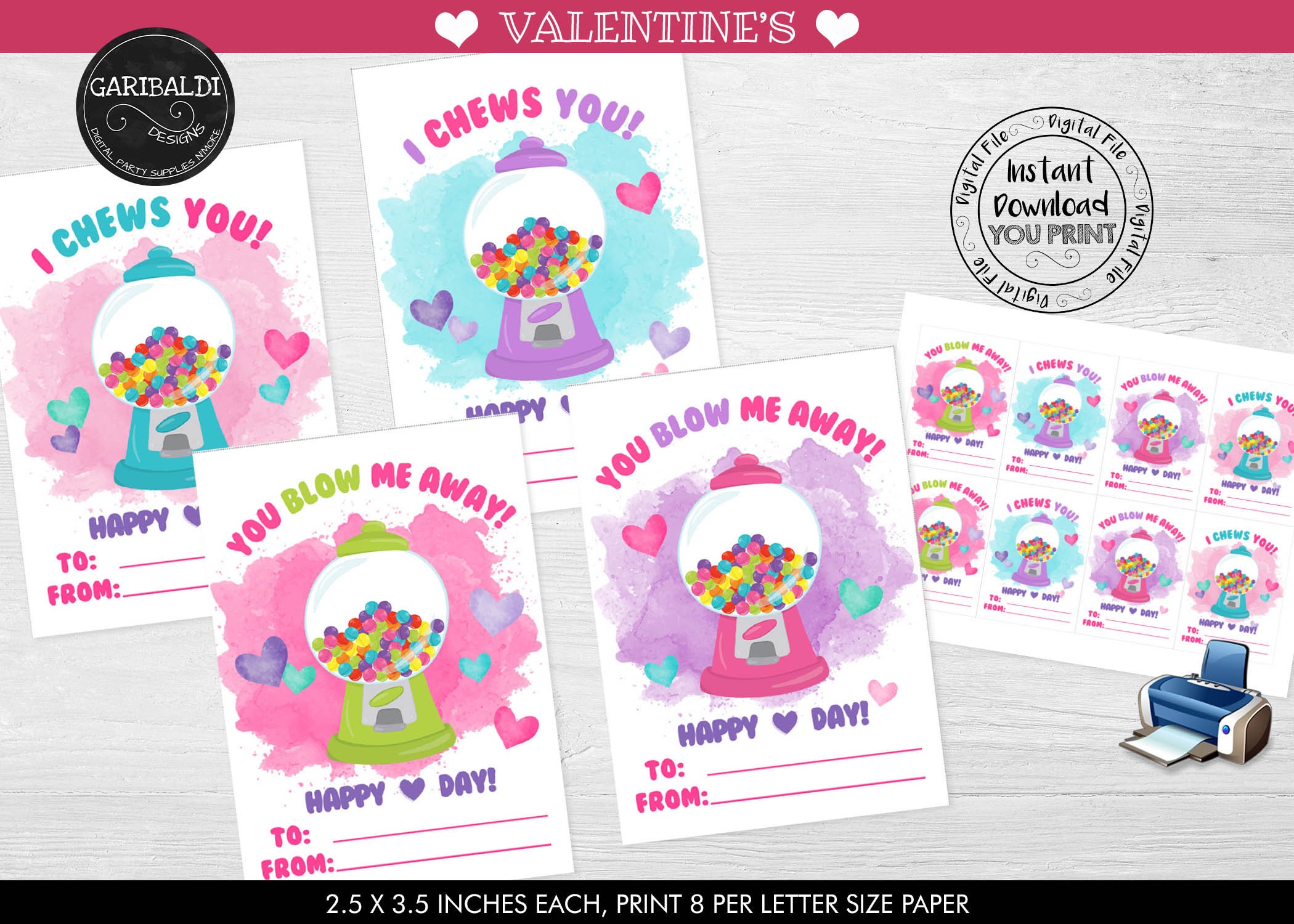 Printable Bubble Gum Valentine's Day Cards, I Chews You Bubble Gum ...