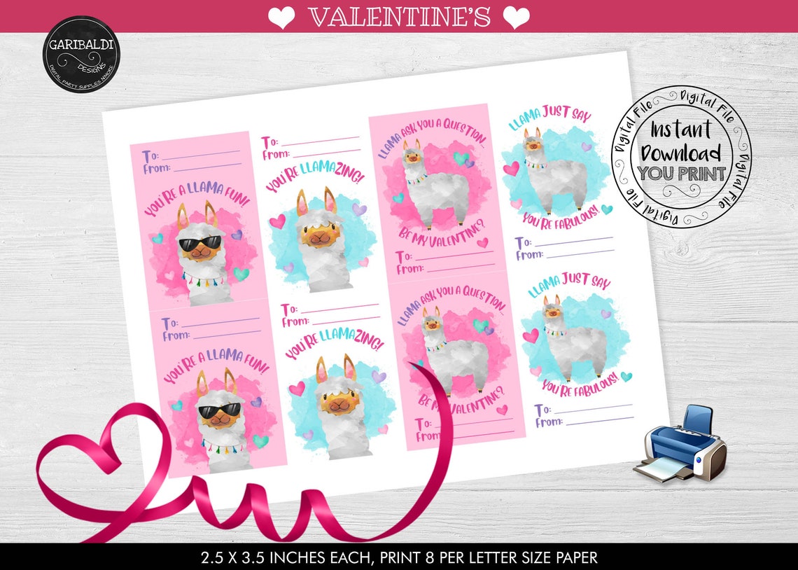 Printable Llama Valentine Cards Kids Valentine Cards School Valentine ...