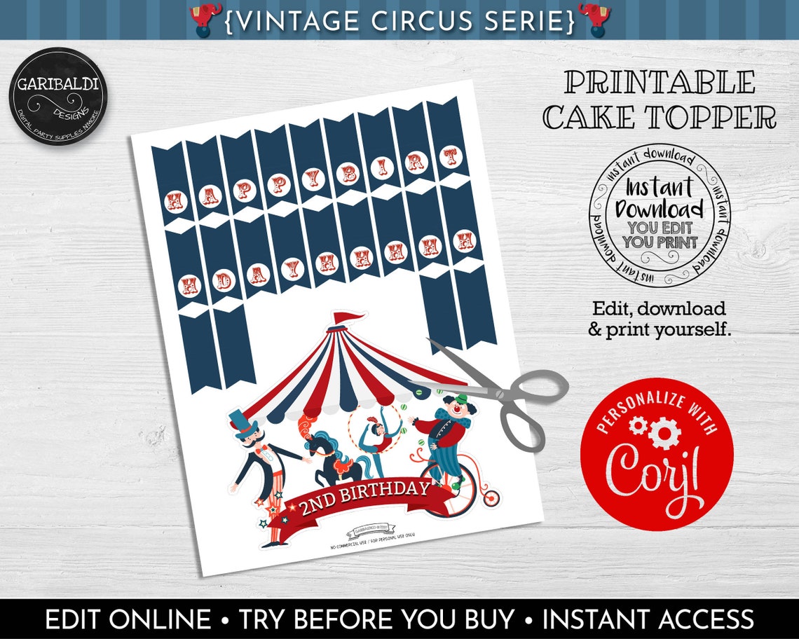 Editable Circus Cake Topper Printable Circus Cake Topper - Etsy