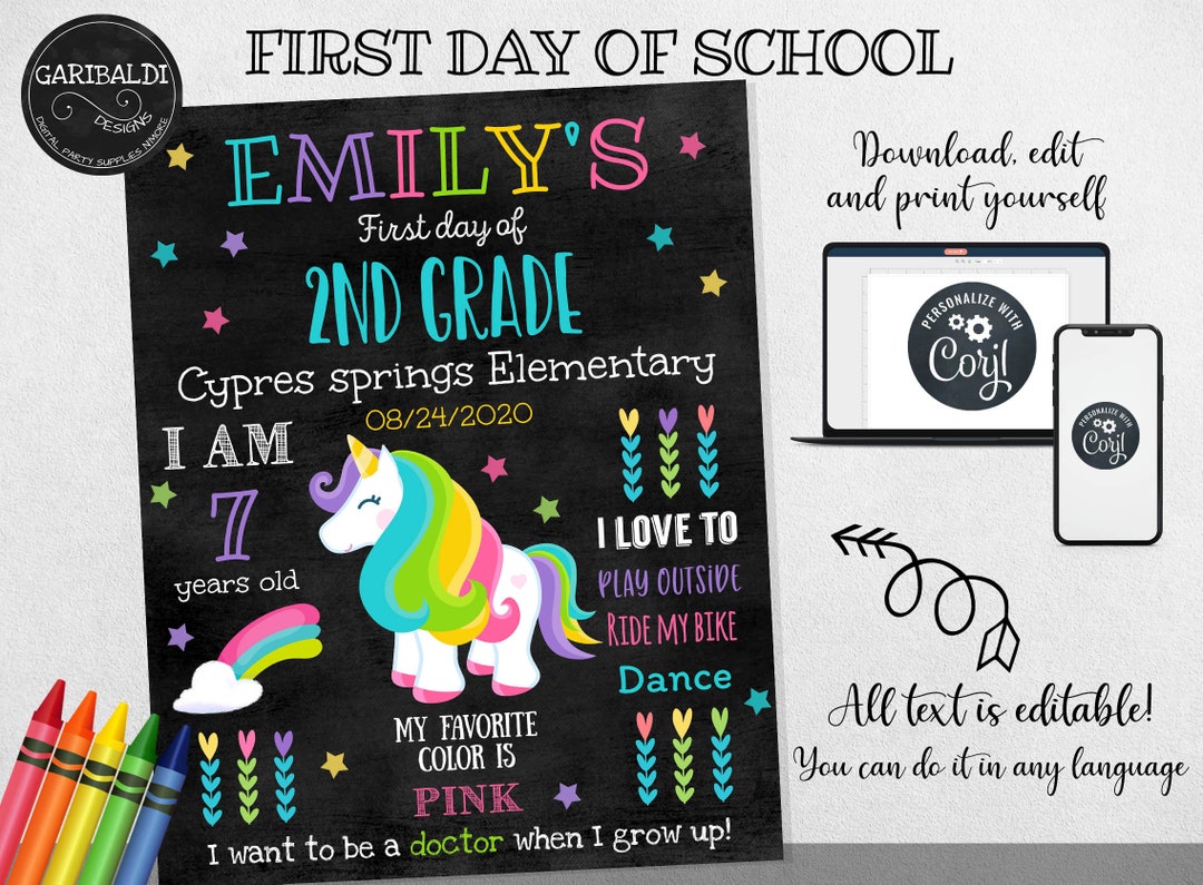 Editable Unicorn First Day School Sign First Day of School Photo Prop ...