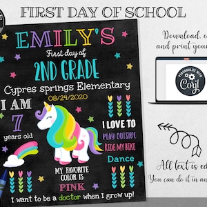 Editable Unicorn First Day School Sign First Day of School Photo Prop ...