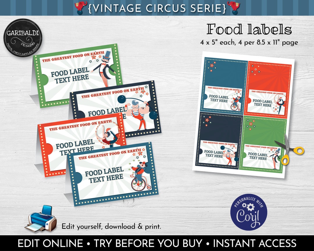 Editable Circus Food Labels Instant Download Circus Tent Cards Carnival ...