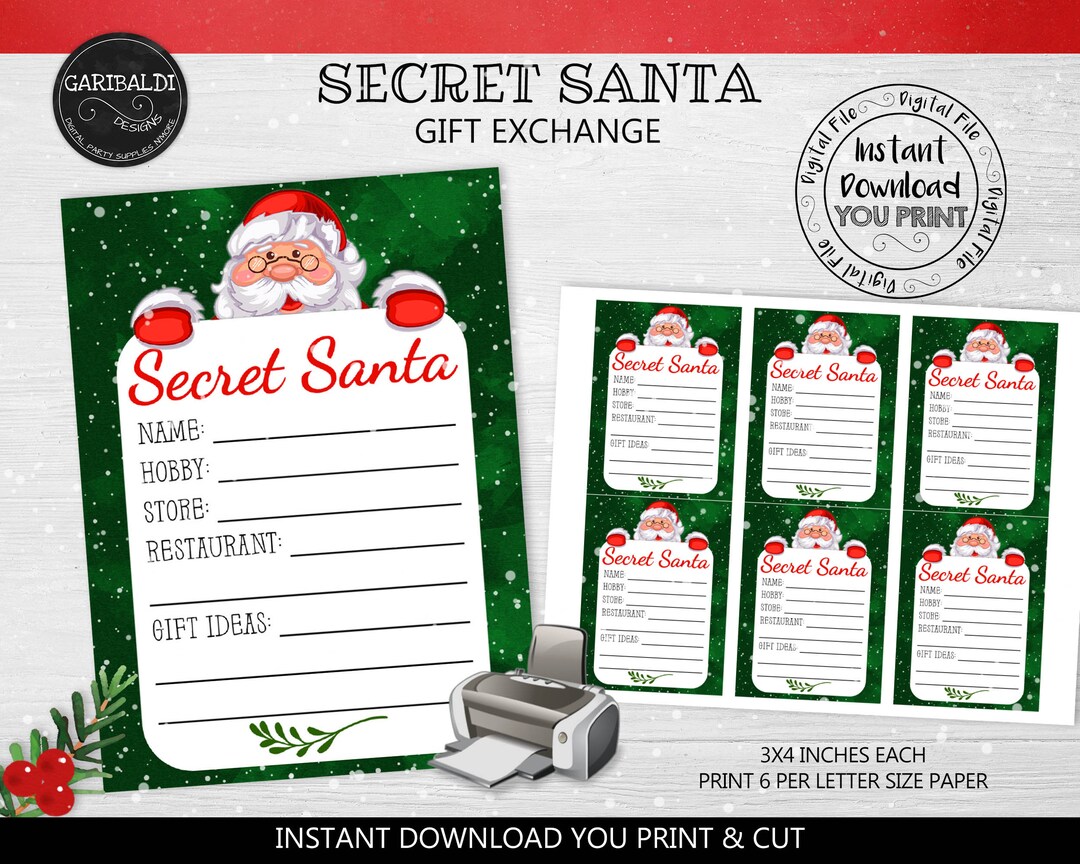 Secret Santa Questionnaire Card Secret Santa Printable Cards Secret ...