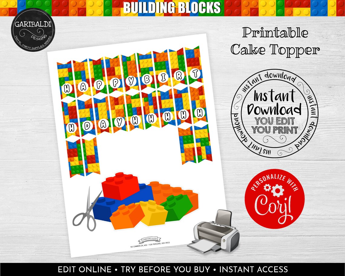 Editable Building Blocks Cake Topper Printable Building Blocks | Etsy