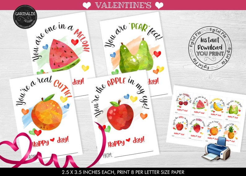 Printable Fruit Valentine Cards, Kids Valentine Cards, DIY School ...