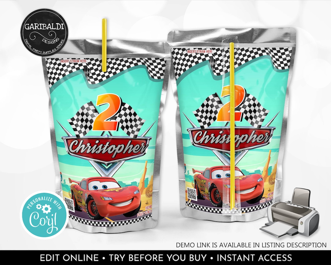 Editable Racing Cars Juice Pouch Labels Radiator Springs Favor Tags ...