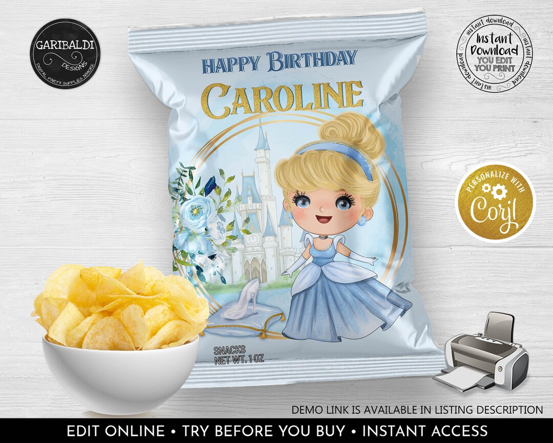 Editable Cinderella Chip Bag Wrapper Once Upon a Time Princess Royal ...
