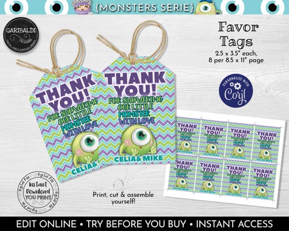 Editable Monsters Favor Tags Monsters Gift Tag Instant | Etsy