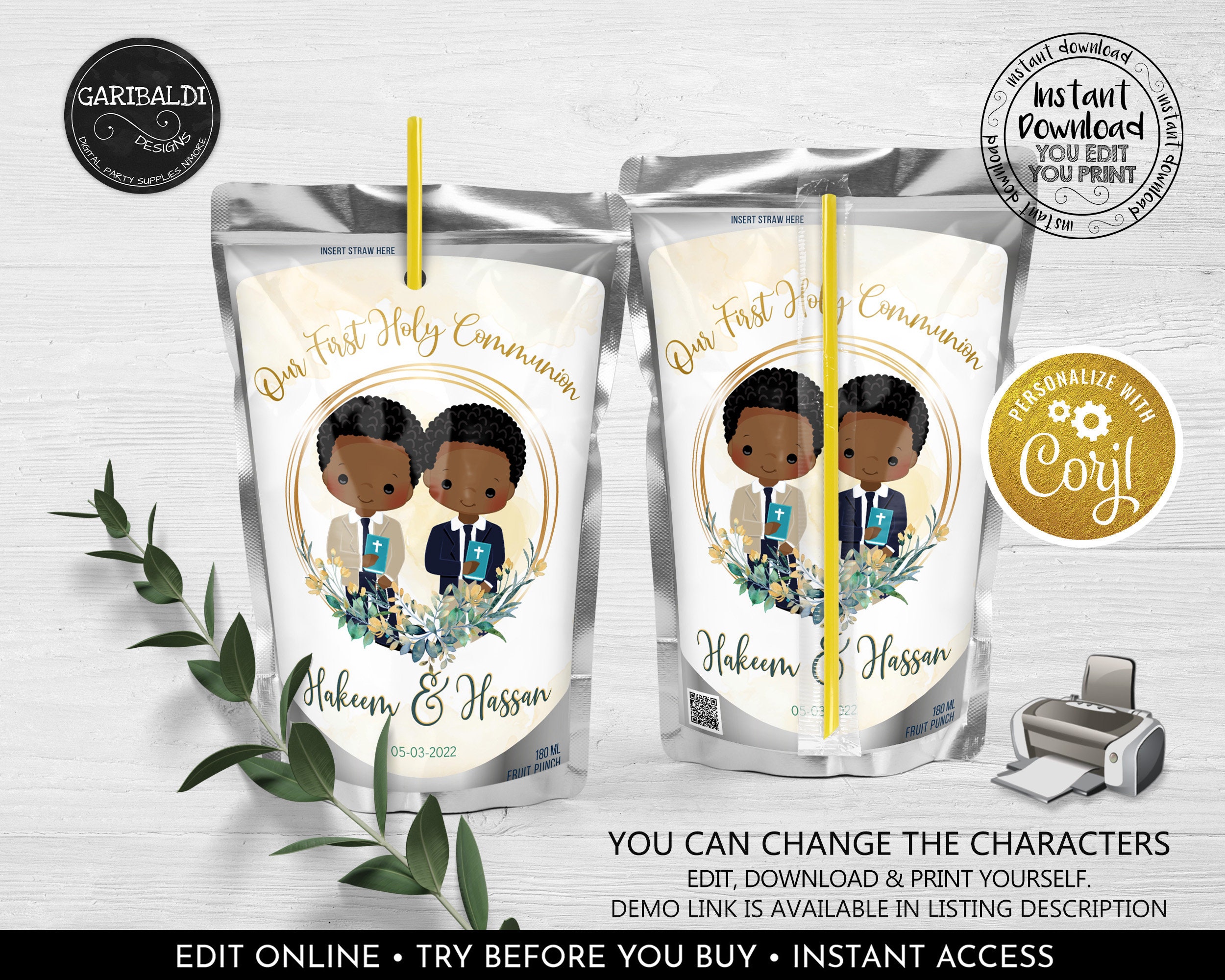 Editable Siblings First Communion Juice Pouch Labels Twins First Holy ...