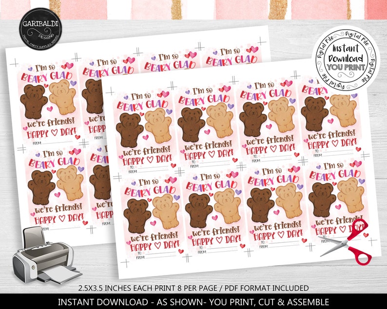 Teddy Bear Grahams Valentines Day Cards Beary Glad Friends Tag - Etsy