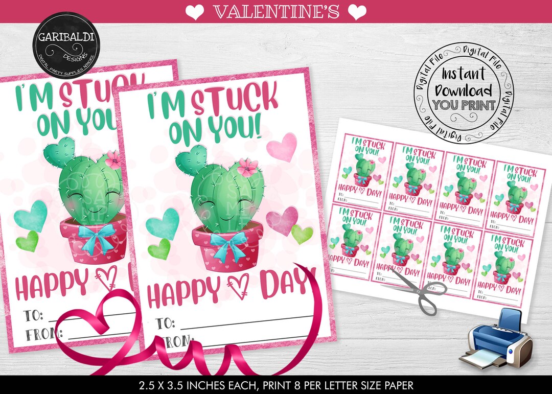 Printable Cactus Valentine's Day Cards, Stuck on You Valentine's Day ...