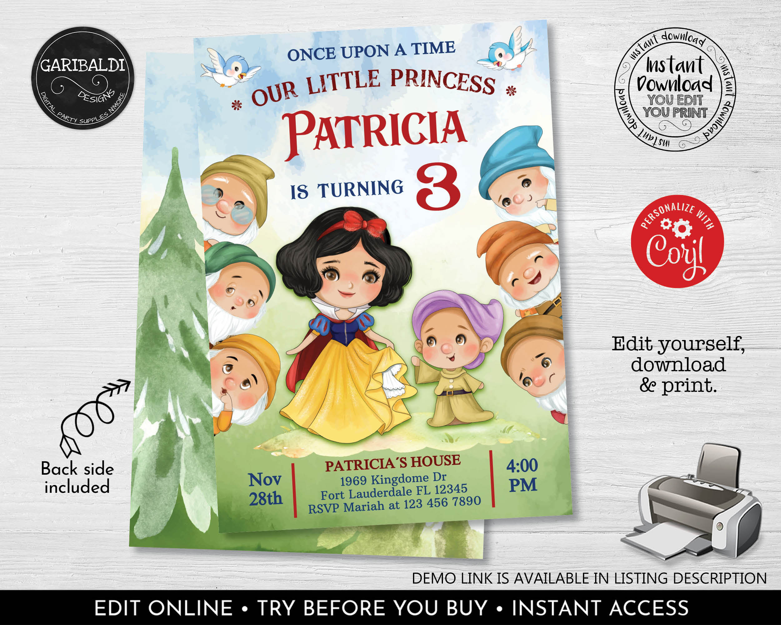 Editable Snow White Birthday Invitation Princess and the Seven - Etsy ...