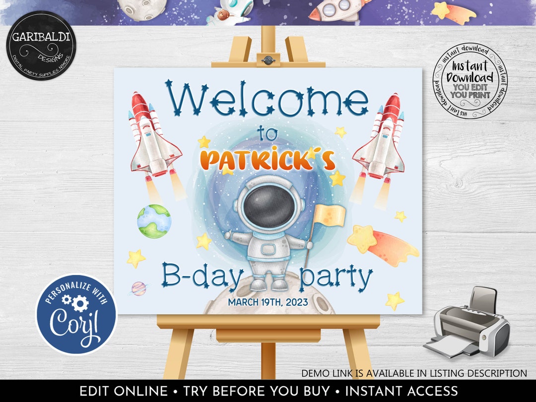 Editable Outer Space Welcome Sign Galaxy Planets Astronaut Moon Solar ...