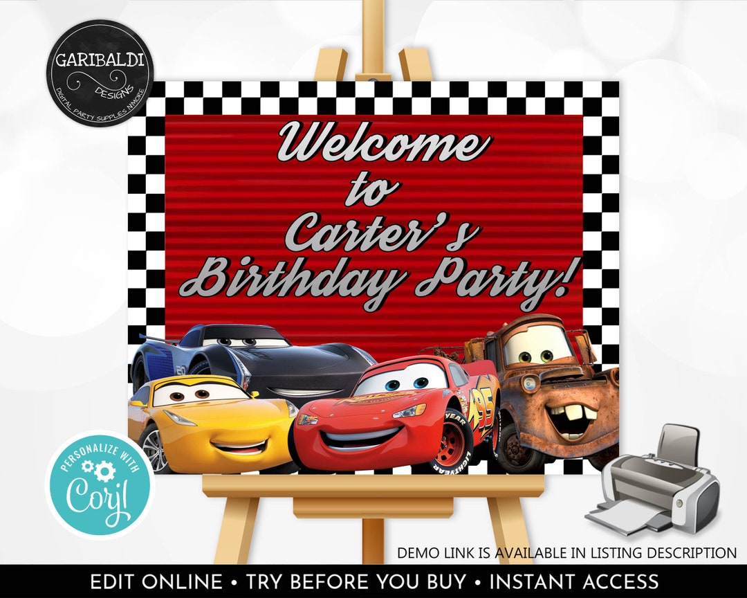Editable Race Cars Welcome Sign Printable Cars Custom Board Cars Party ...