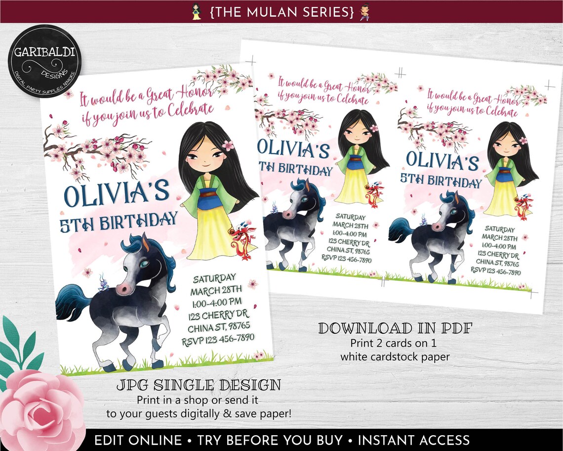 Editable Mulan Invitation Printable Mulan Birthday | Etsy