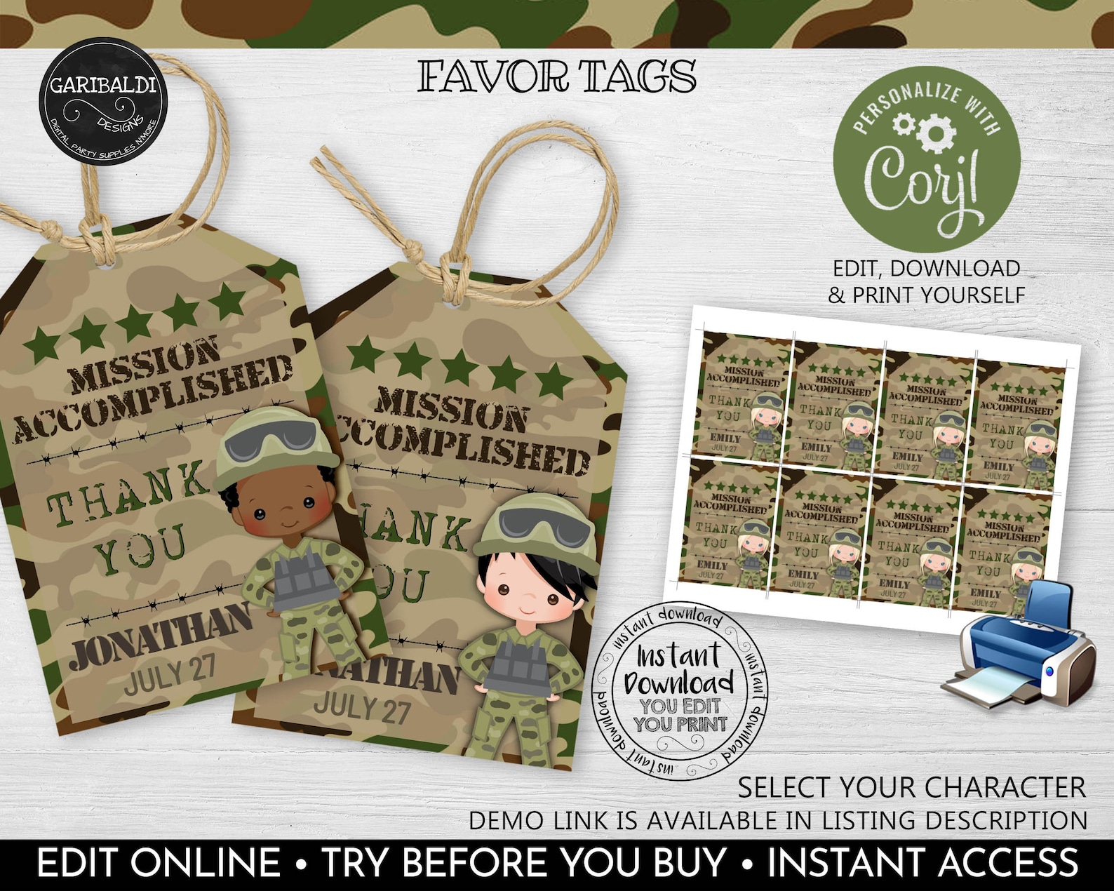 Editable Army Favor Tags Military Gift Tags Instant Download | Etsy