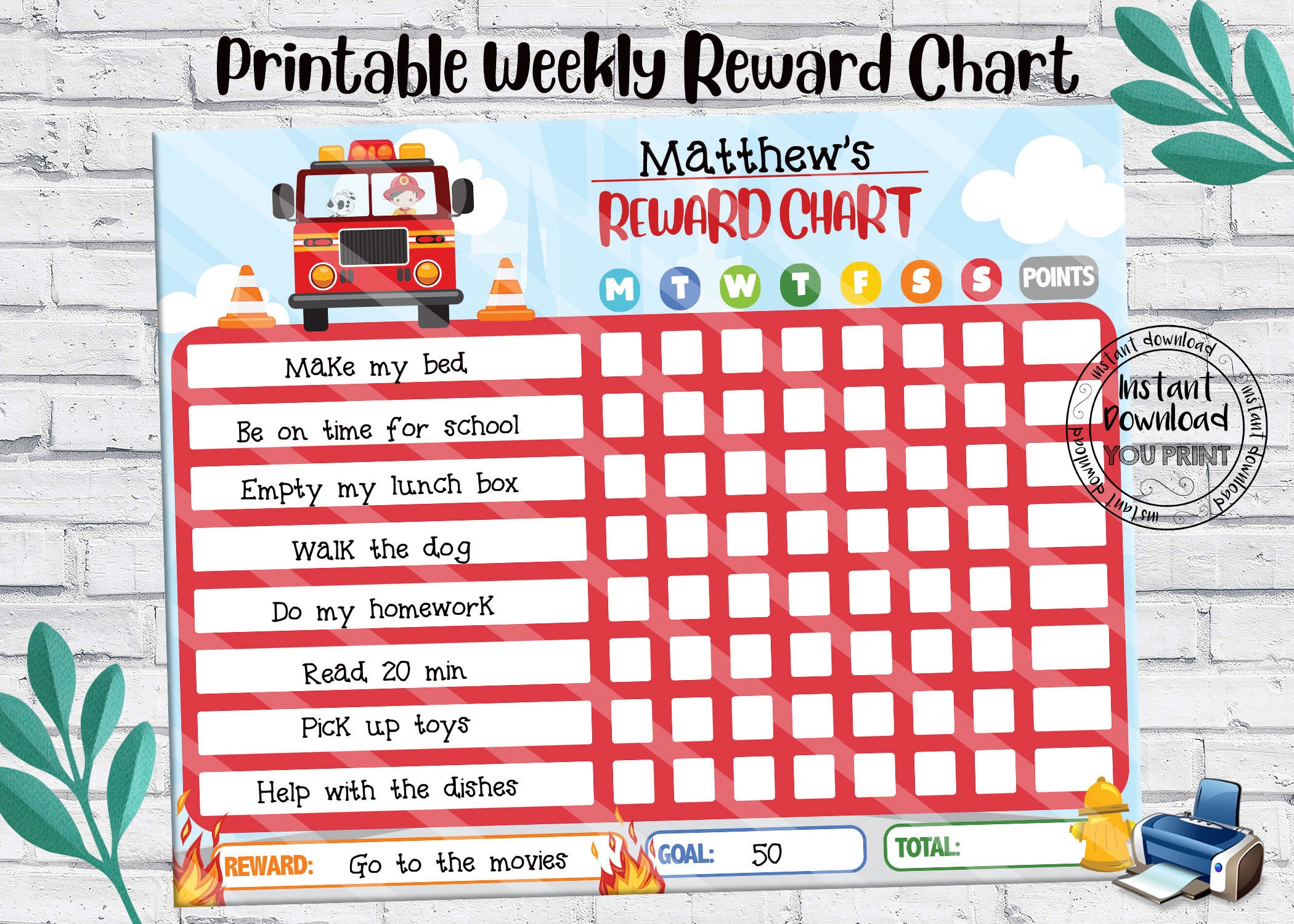 Instant Download Firefighter Reward Chart, Printable Reward Chart ...