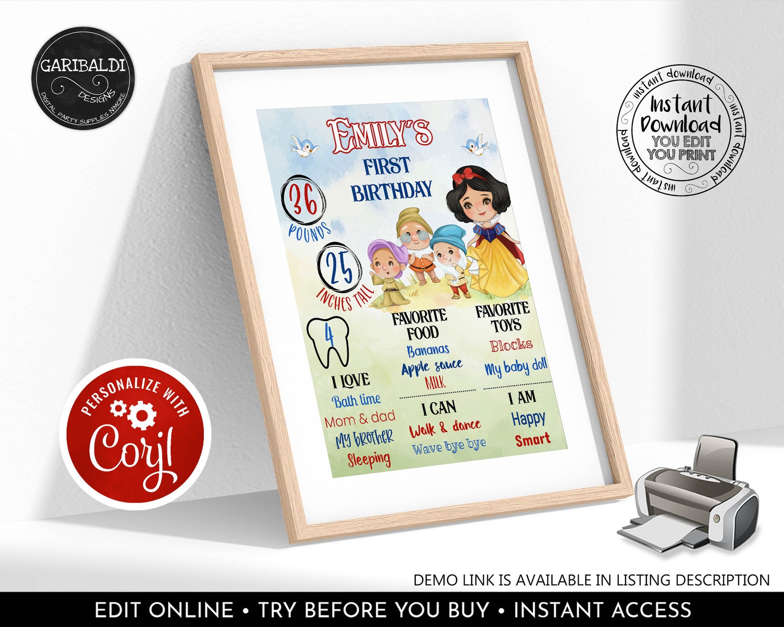 Editable Snow White Milestone Board Printable Snow White Birthday Party ...