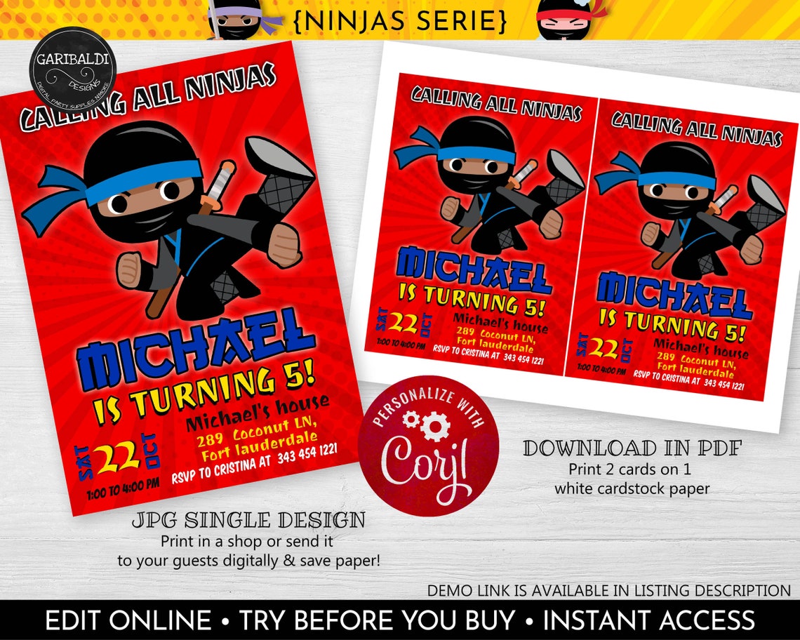 Editable Ninja Birthday Party Invitation Instant Download Ninja Invite ...
