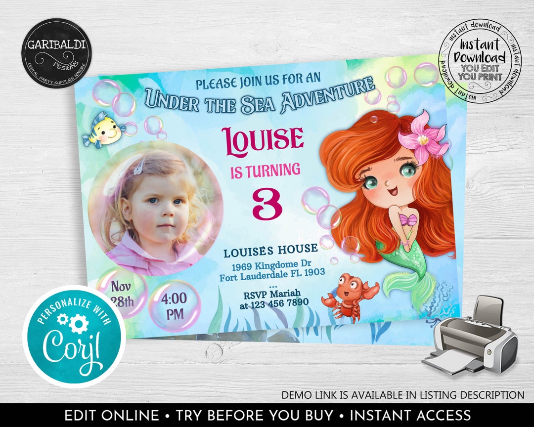 Little Mermaid Invitation Editable Mermaid Princess Birthday Party ...